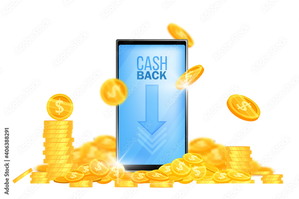 Money cash back vector banner, reward offer background with golden ...