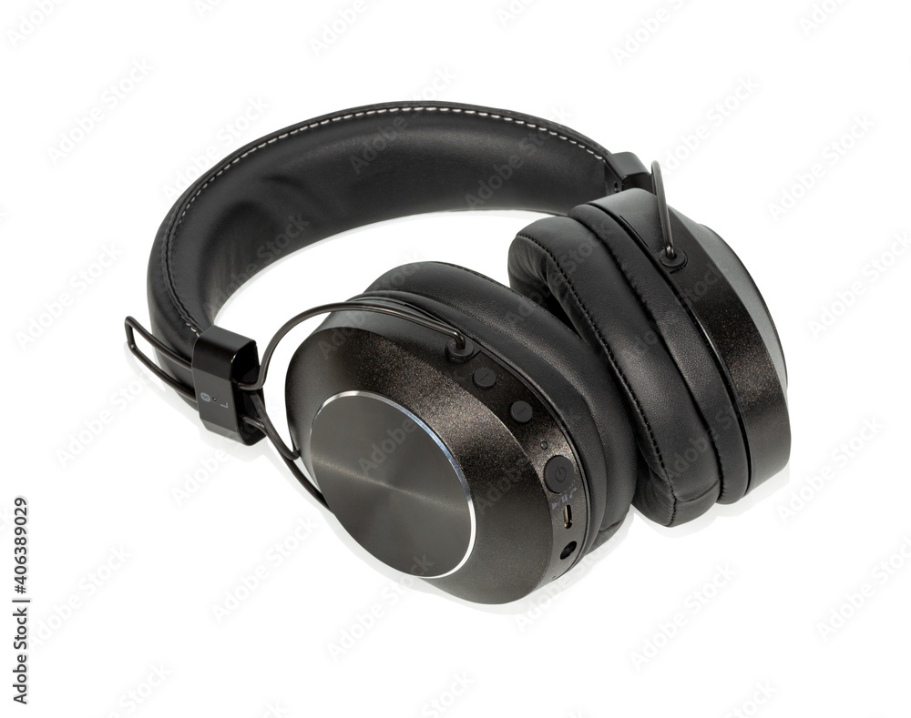 High-quality wireless bluetooth headphones isolated on white background with shadow reflection ...