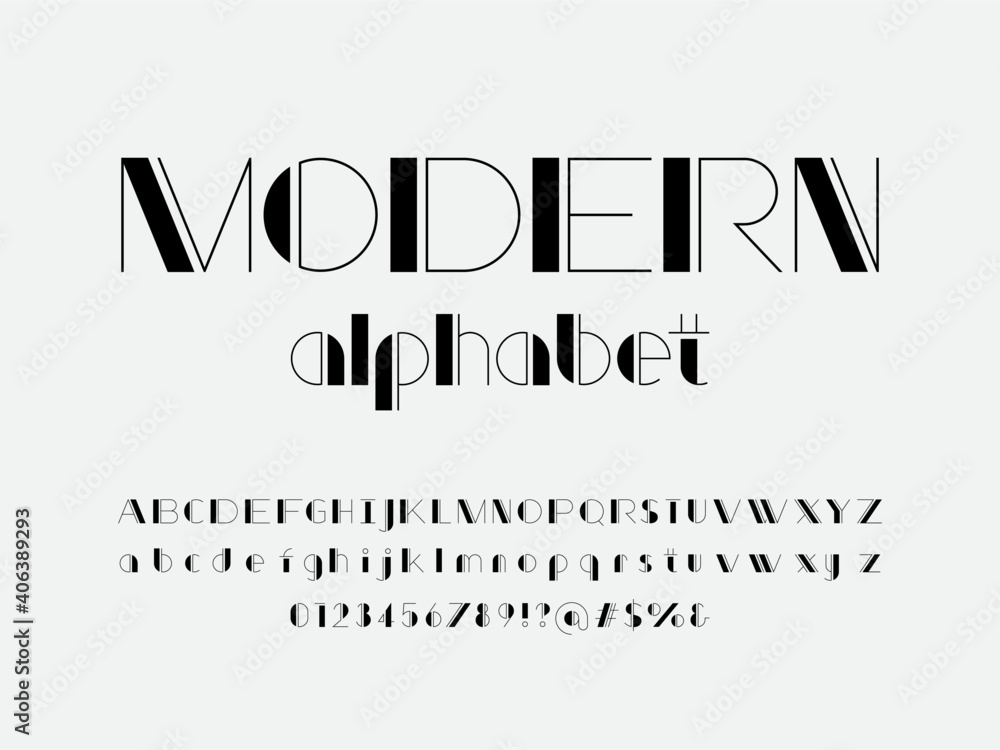 Modern stylized alphabet design with uppercase, lowercase, numbers and ...