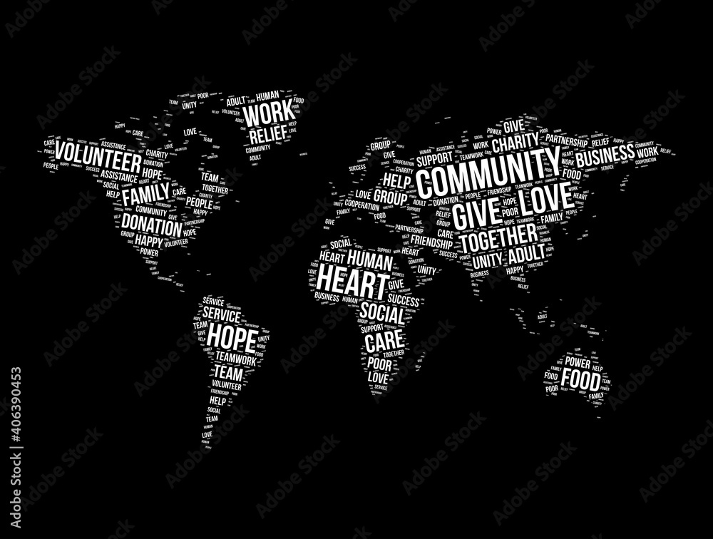 Community word cloud in shape of world map, social concept background ...