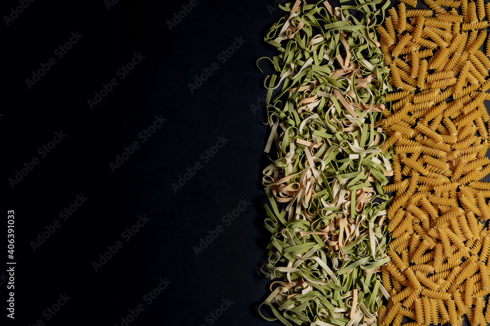 Variety of types and shapes of dry Italian pasta. Italian Macaroni raw ...