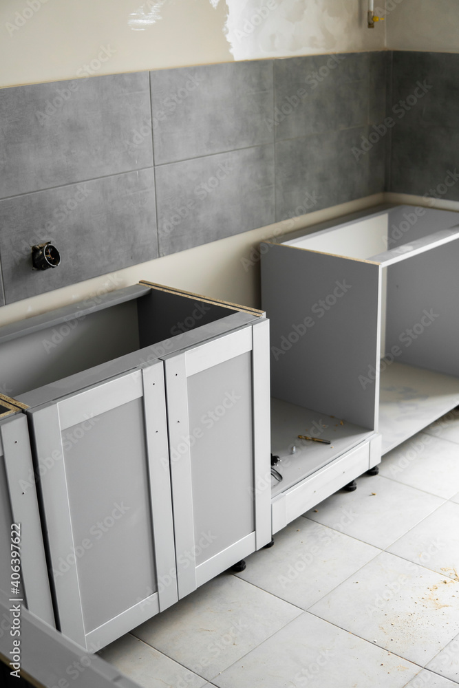 Lower custom kitchen cabinets installation with a furniture facades mdf ...