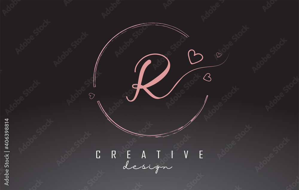 Handwritten R Letter Logo Design with Dust Pink Watercolor Ring and ...