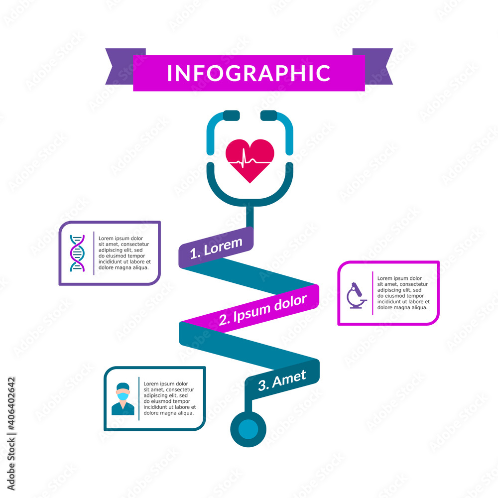 Colorful medical infographic with medical icons. Stethoscope shape ...