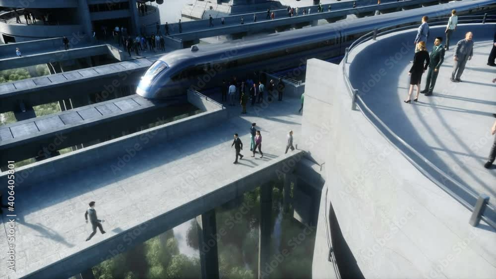 futuristic train station with monorail and train. traffic of people ...