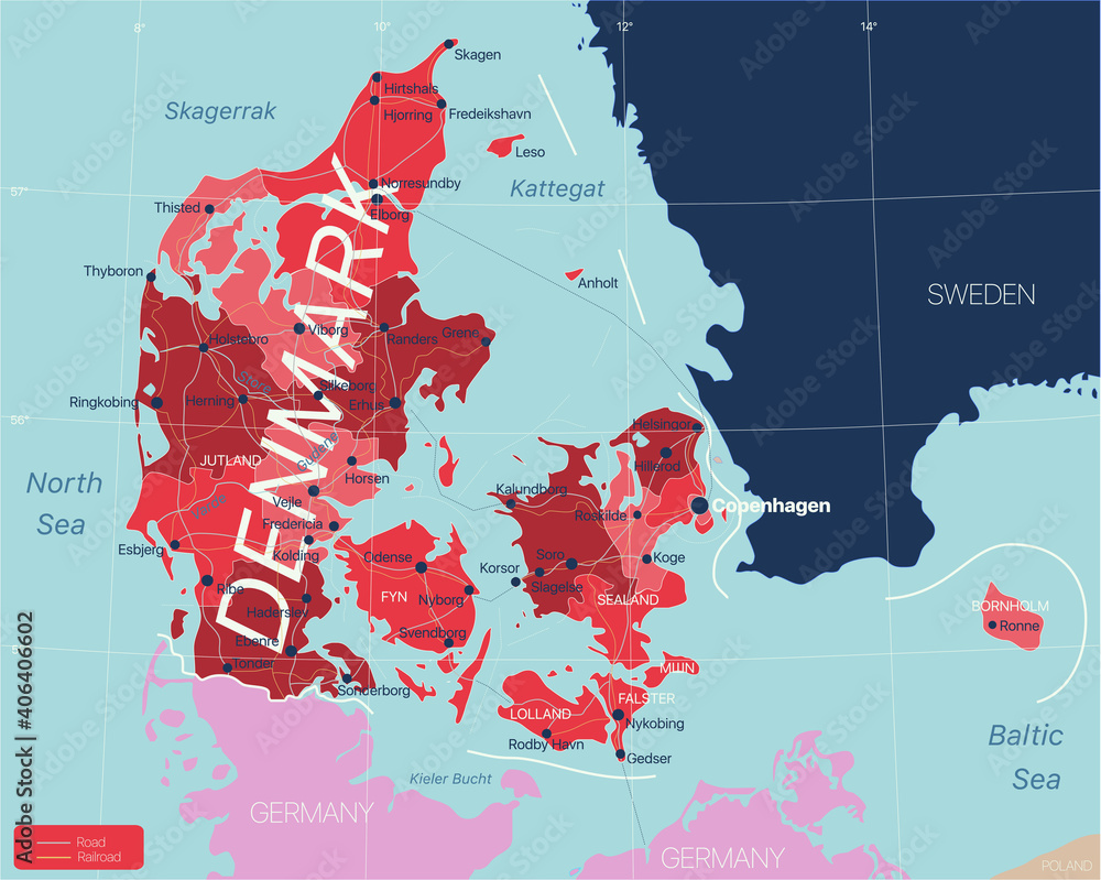 Denmark country detailed editable map with regions cities and towns ...