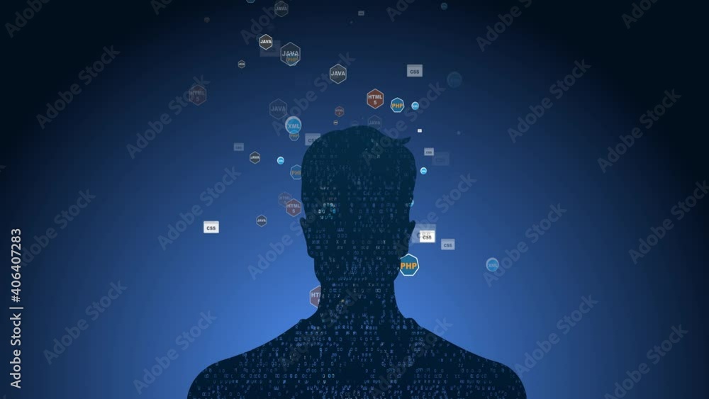 Silhouettes of the programmer with digital texture..Digital ...