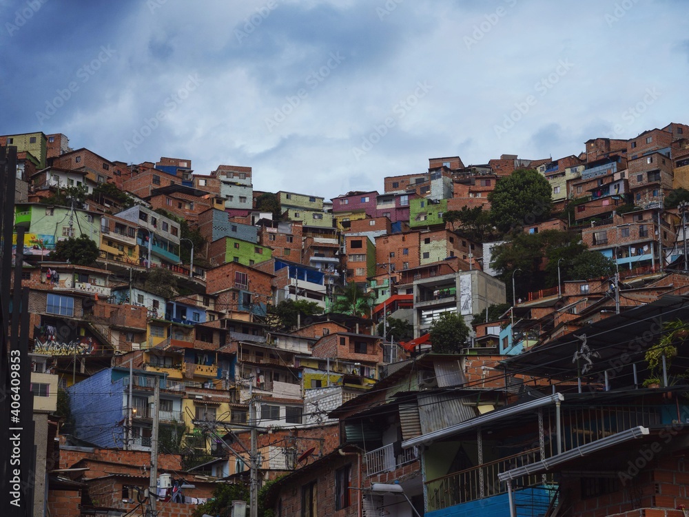 Panorama cityscape of colorful brick houses in Comuna 13 San Javier ...