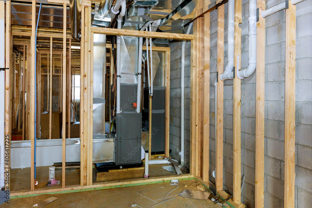 Bathroom shower under plumbing connecting installation of heating ...