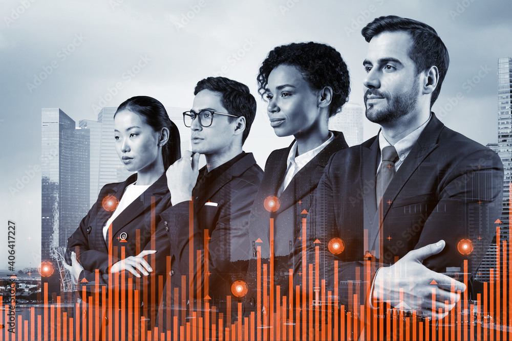 Group of business colleagues working on new venture capital and hi-tech ...