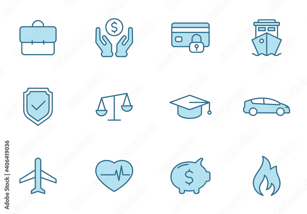 Insurance flat vector icons in two colors isolated on white background ...