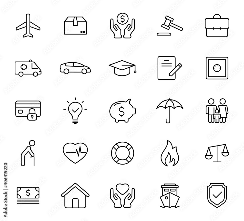 Insurance outline vector icons isolated on white. Insurance icon set ...