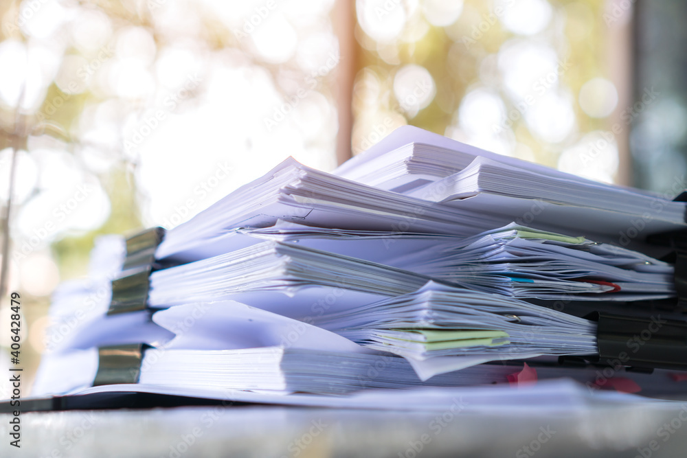 Stack unfinished documents reports files, pile business paper with ...