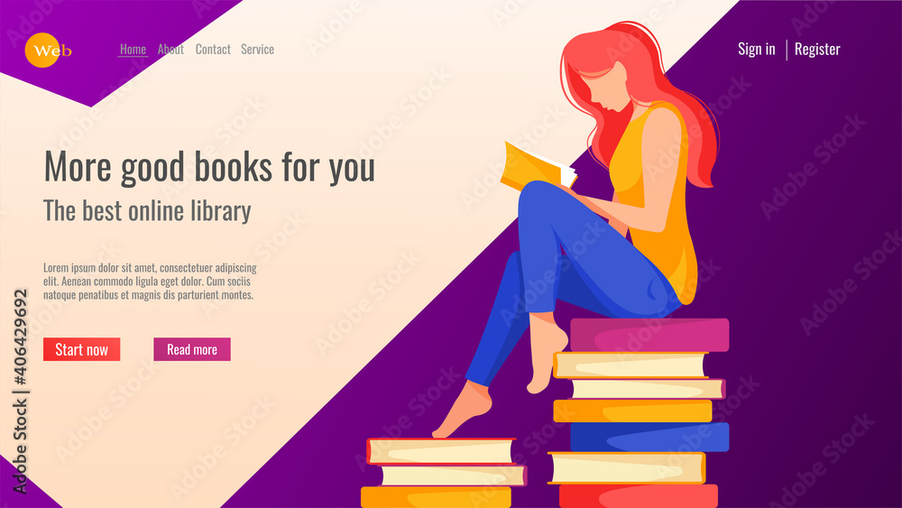Website design for online learning, library, book store. Woman seating ...