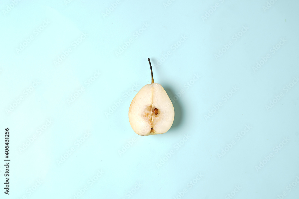 Fresh pear set, isolated whole and sliced. From the top view as a ...