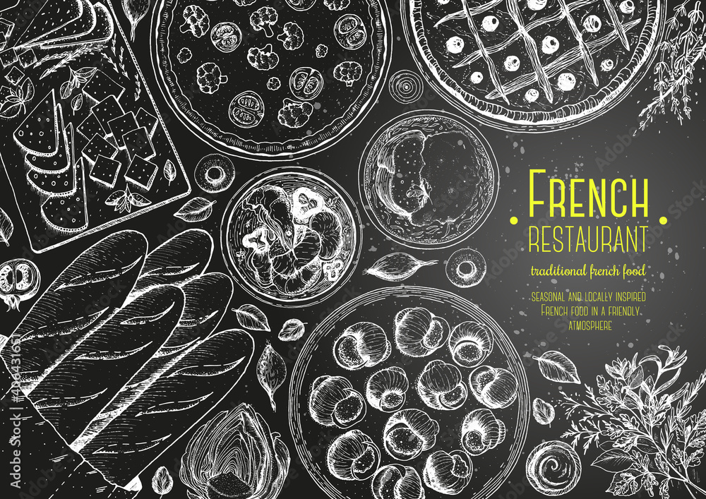 French cuisine top view frame. A set of classic French dishes with ...