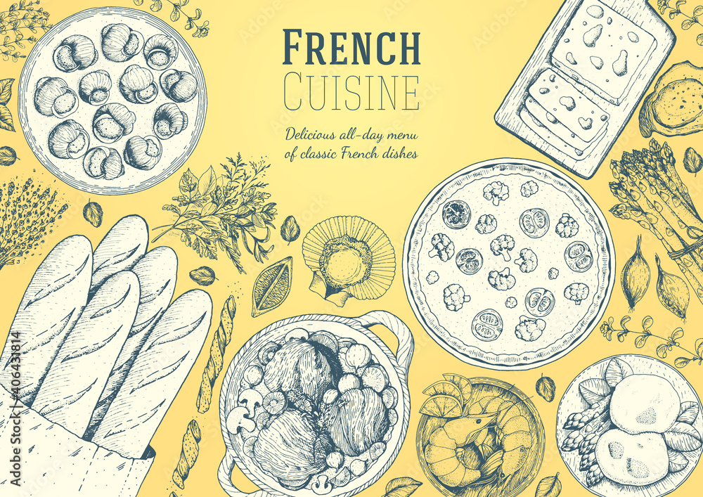 French cuisine top view frame. A set of classic French dishes with beef ...