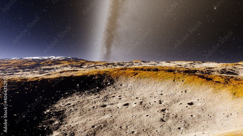 realistic surface of an alien planet, view from the surface of an exo ...