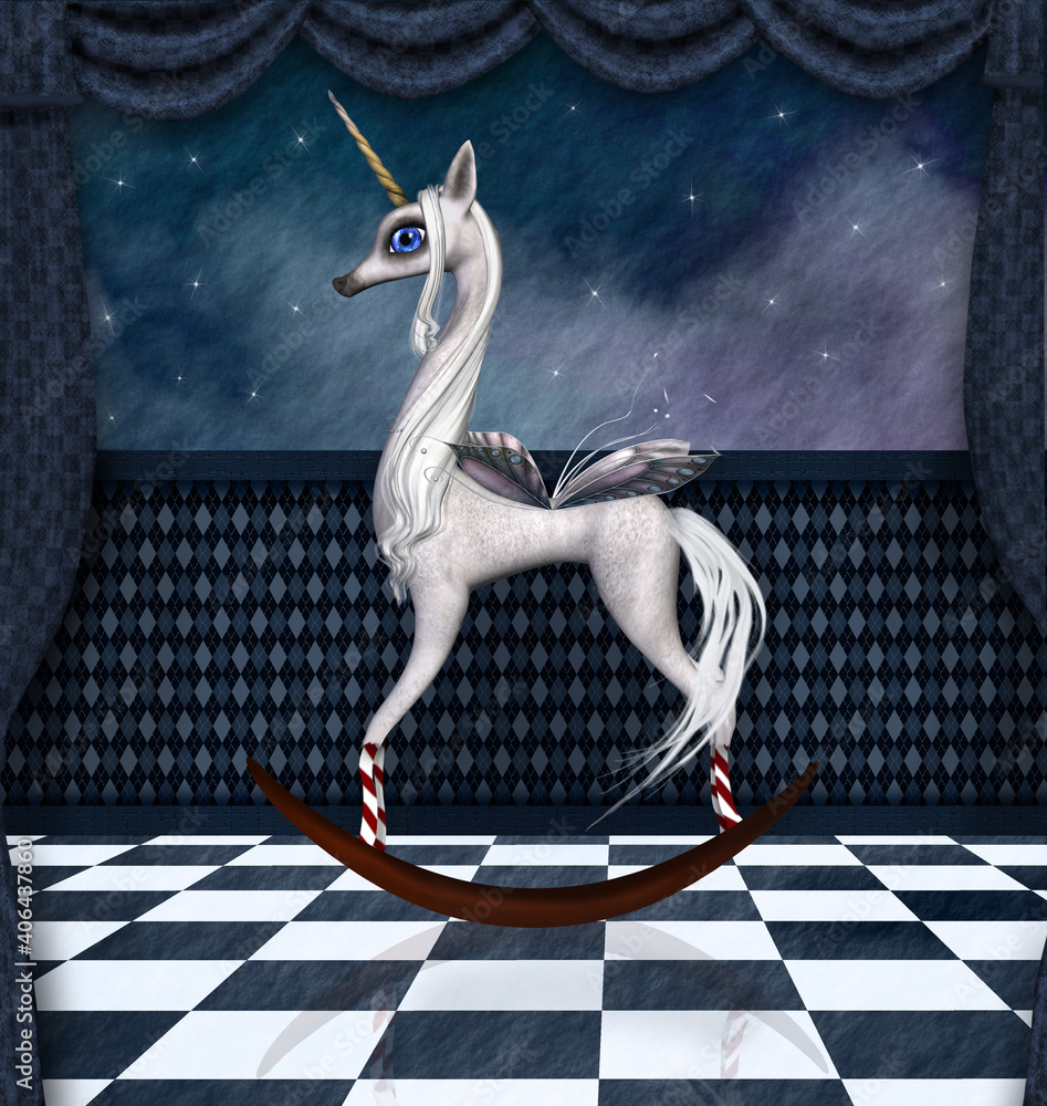 Surreal child room with a rocking horse and a view to a starry night ...