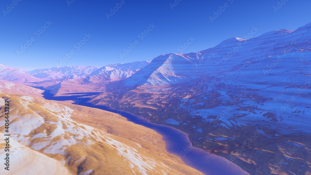 realistic surface of an alien planet, view from the surface of an exo ...