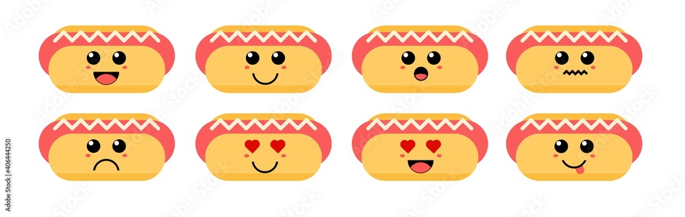 Set of cute cartoon colorful hot dog with different emotions. Funny ...