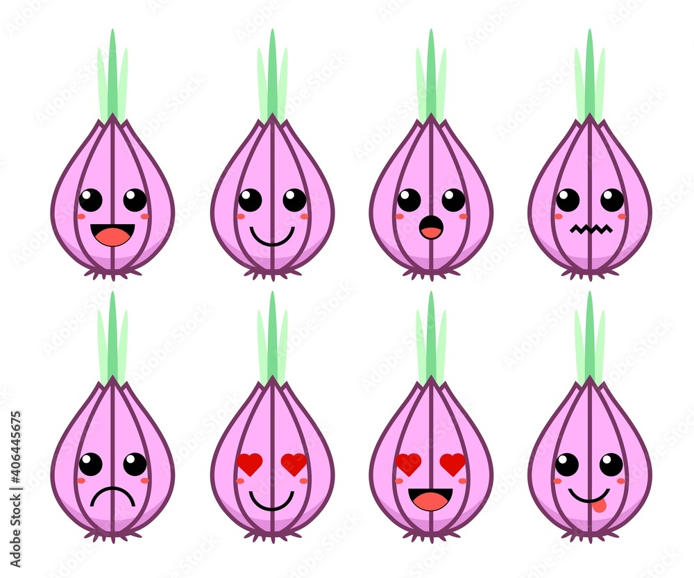 Set of cute cartoon colorful purple shallot with different emotions ...