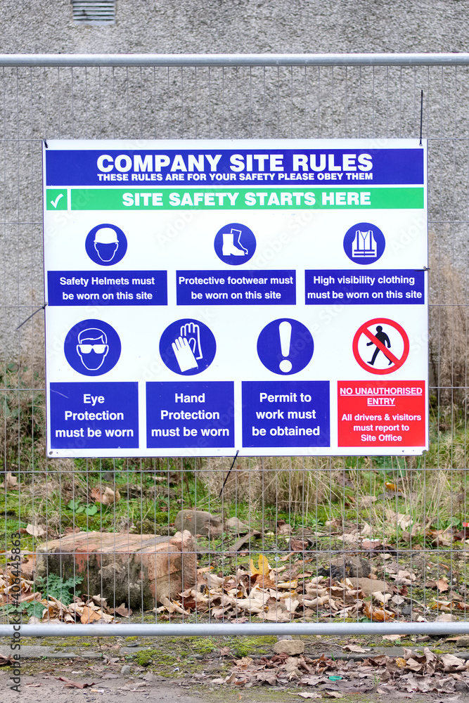 Construction site health and safety message rules sign board signage on ...