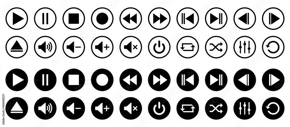 Media player control icon set, interface multimedia symbols and audio ...