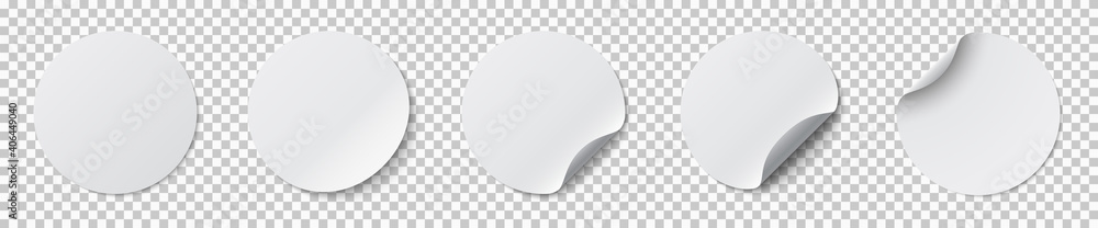 Circle adhesive symbols. White tags, paper round stickers with peeling ...