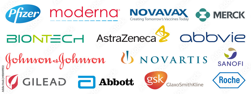 Kiev, Ukraine - January 15, 2021: Set top pharmaceutical companies logo. The main pharmaceutical ...