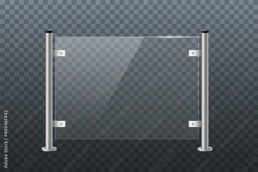 Glass or plexiglass fence with banisters. Architectural guardrail for ...