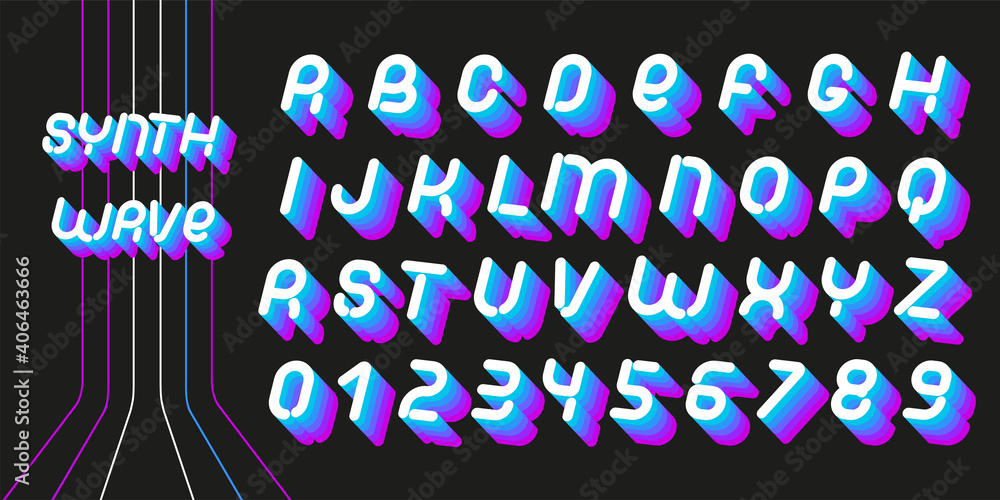 Synthwave font. Letters of 70s-80s aesthetics. Vector alphabet in retro ...