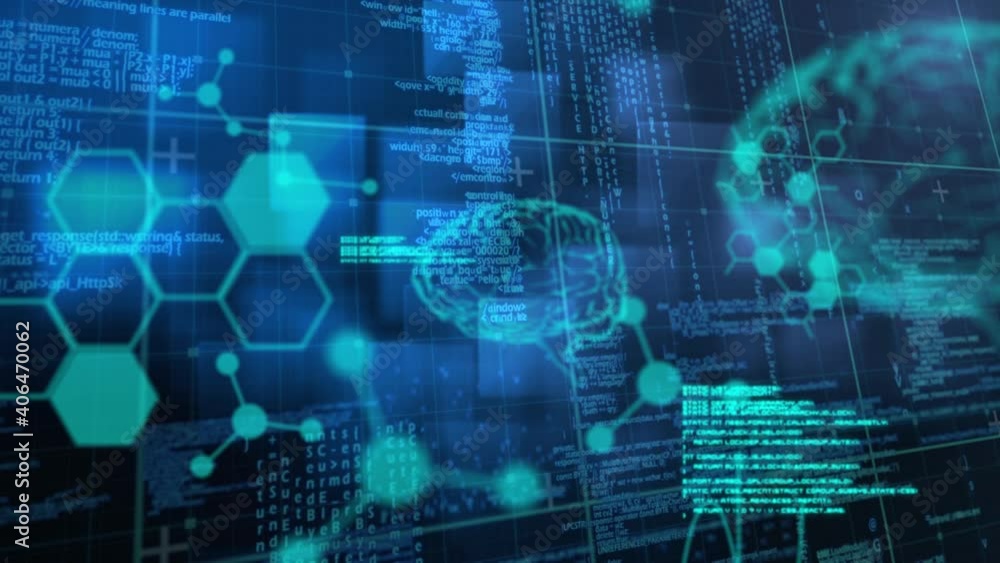 Animation of data processing and glowing human brains over blue ...