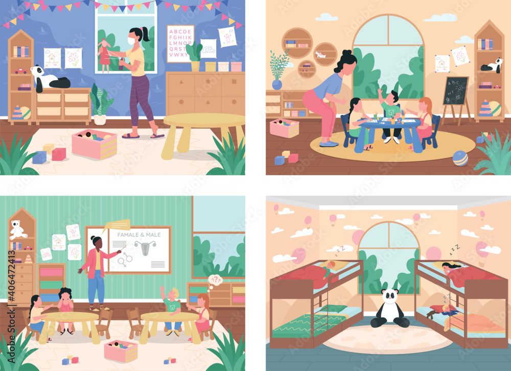 Kindergarten daily routine flat color vector illustration set ...