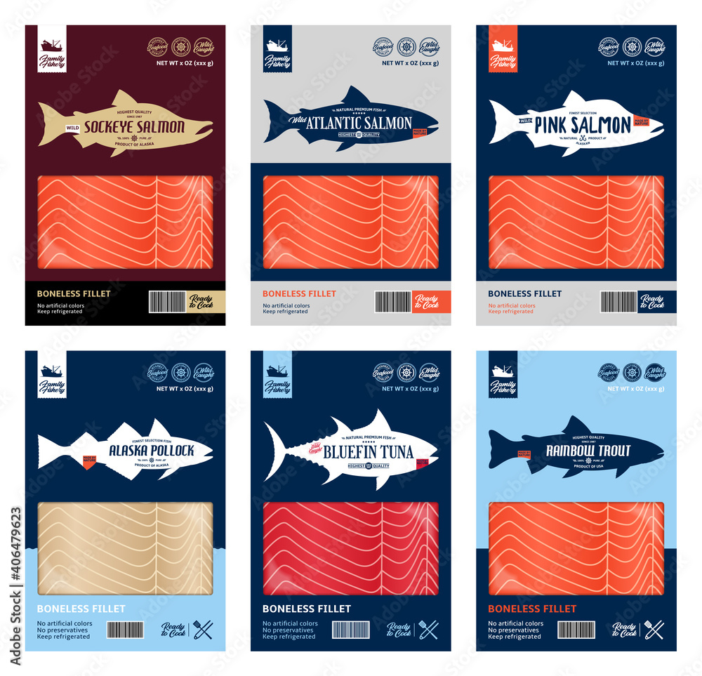 Vector fish packaging design. Flat style seafood label. Salmon, trout ...