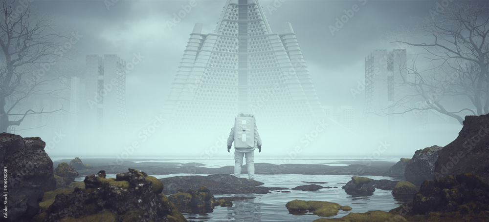 Astronaut Alien Landscape near a Foggy Abandoned Brutalist Style ...