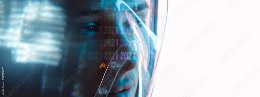 Beautiful woman in futuristic mask. Augmented reality, game, future ...