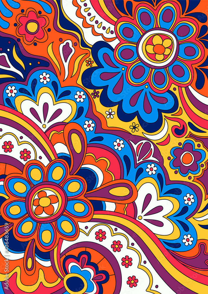 Psychedelic Background, 1960s Hippie Art Style Floral Pattern Stock ...