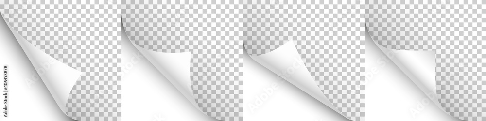 Set of white paper curls. Curled page corner with shadow. Blank sheet ...