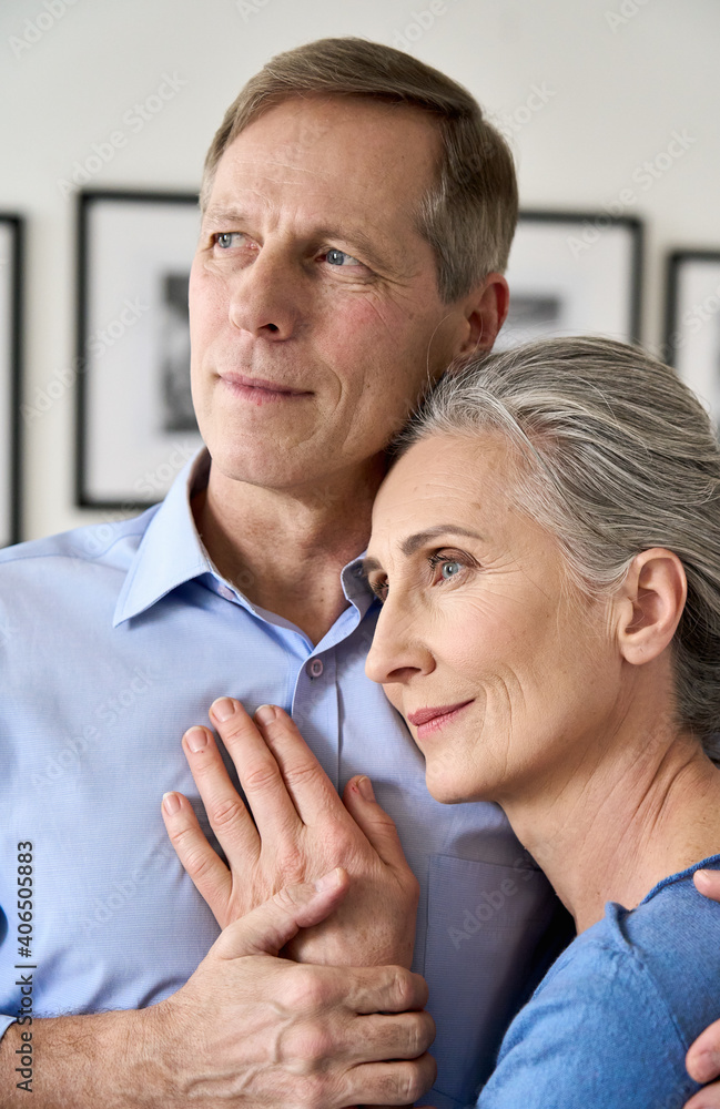 Happy Older Retired Couple Hugging Looking Away Mature Husband