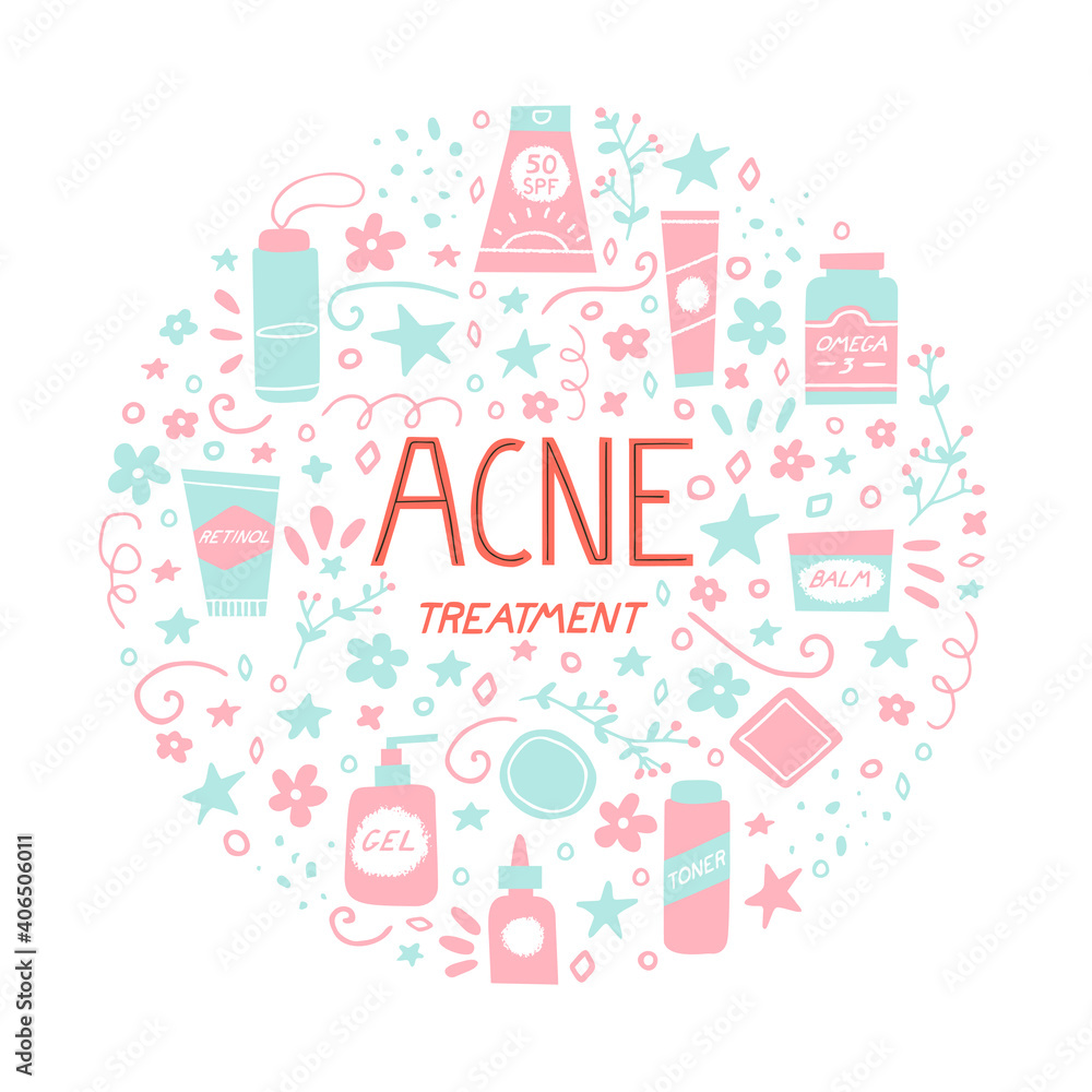 Acne treatment concept. Skincare and cosmetics elements. Water, omega-3 ...