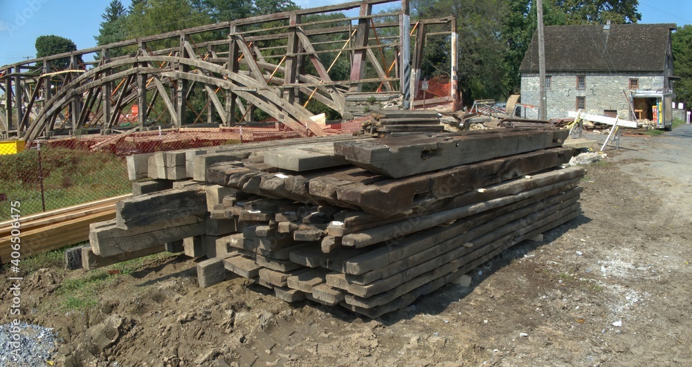 Old Timber Frame Lumber Being Carefully Laid and Stored for Restoration ...
