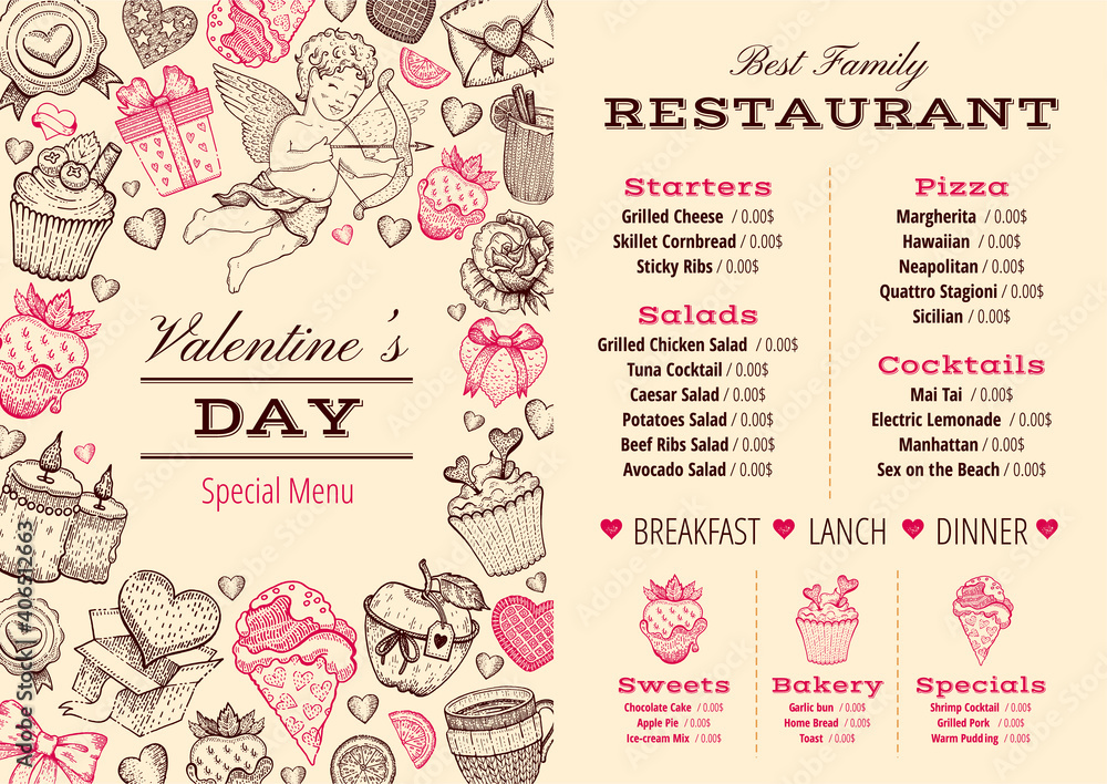 Valentine day menu. Dinner background. Love restaurant food menu ...