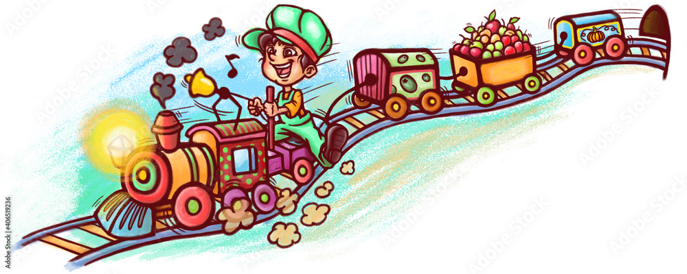 Cheerful happy little train driver kid child boy in green uniform ...