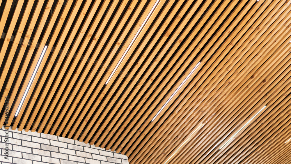 Loft style wooden plank ceiling design idea. Slatted wooden ceiling in ...