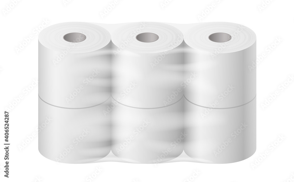 Toilet paper pack realistic. White mock up with transparent wrapping ...
