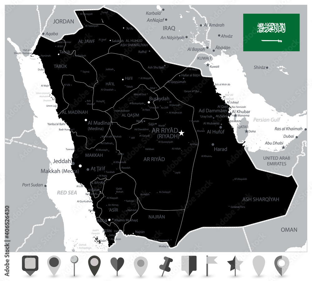 Black Color Saudi Arabia Map and Flat Map Icons เวกเตอร์สต็อก | Adobe Stock