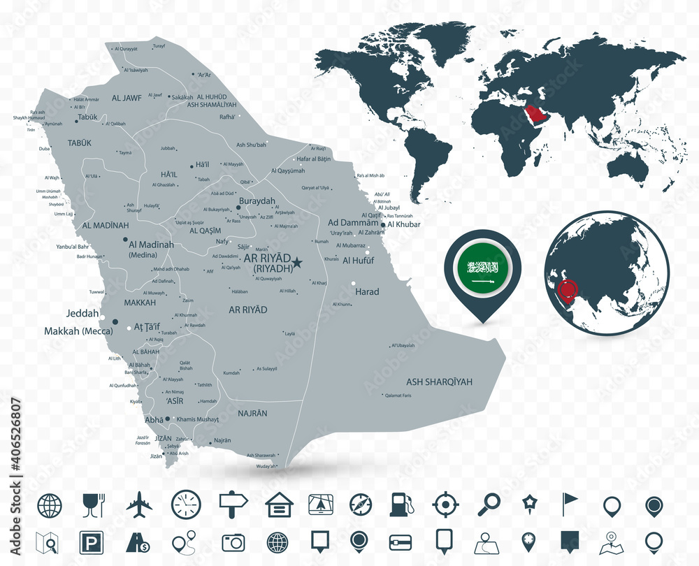 Saudi Arabia Map and World Map isolated on transparent background Stock ...