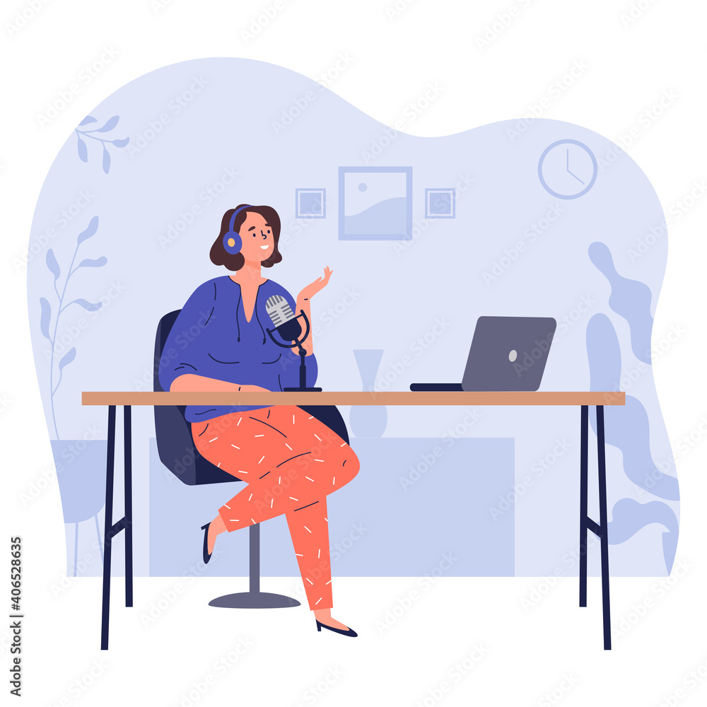 Radio host.Podcast concept illustration. Young happy woman radio hosts ...