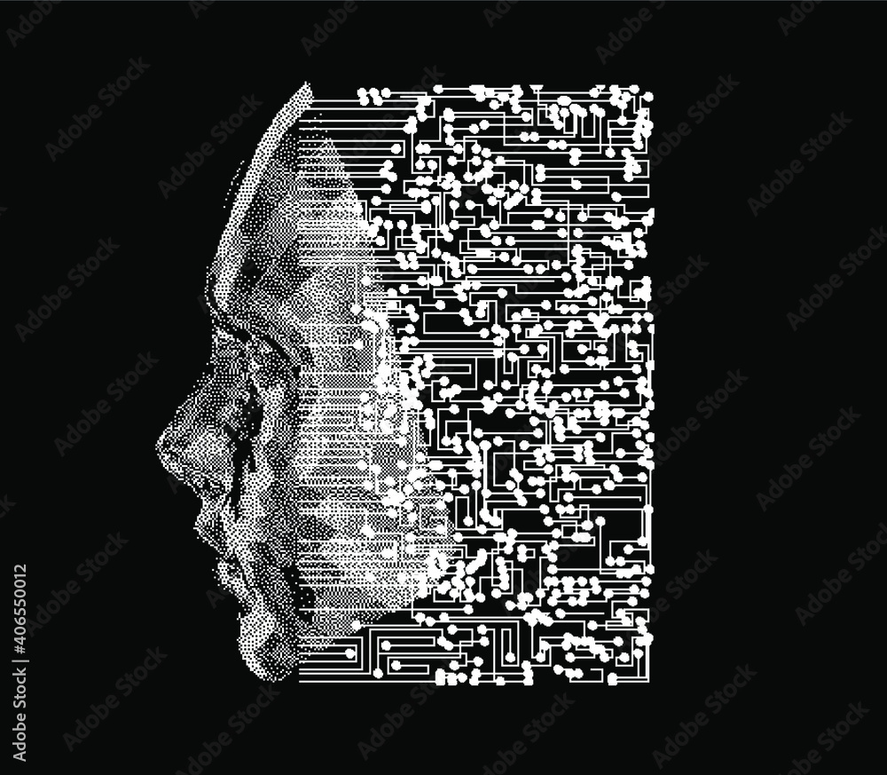 Abstract technology background with 3d face made of particles ...